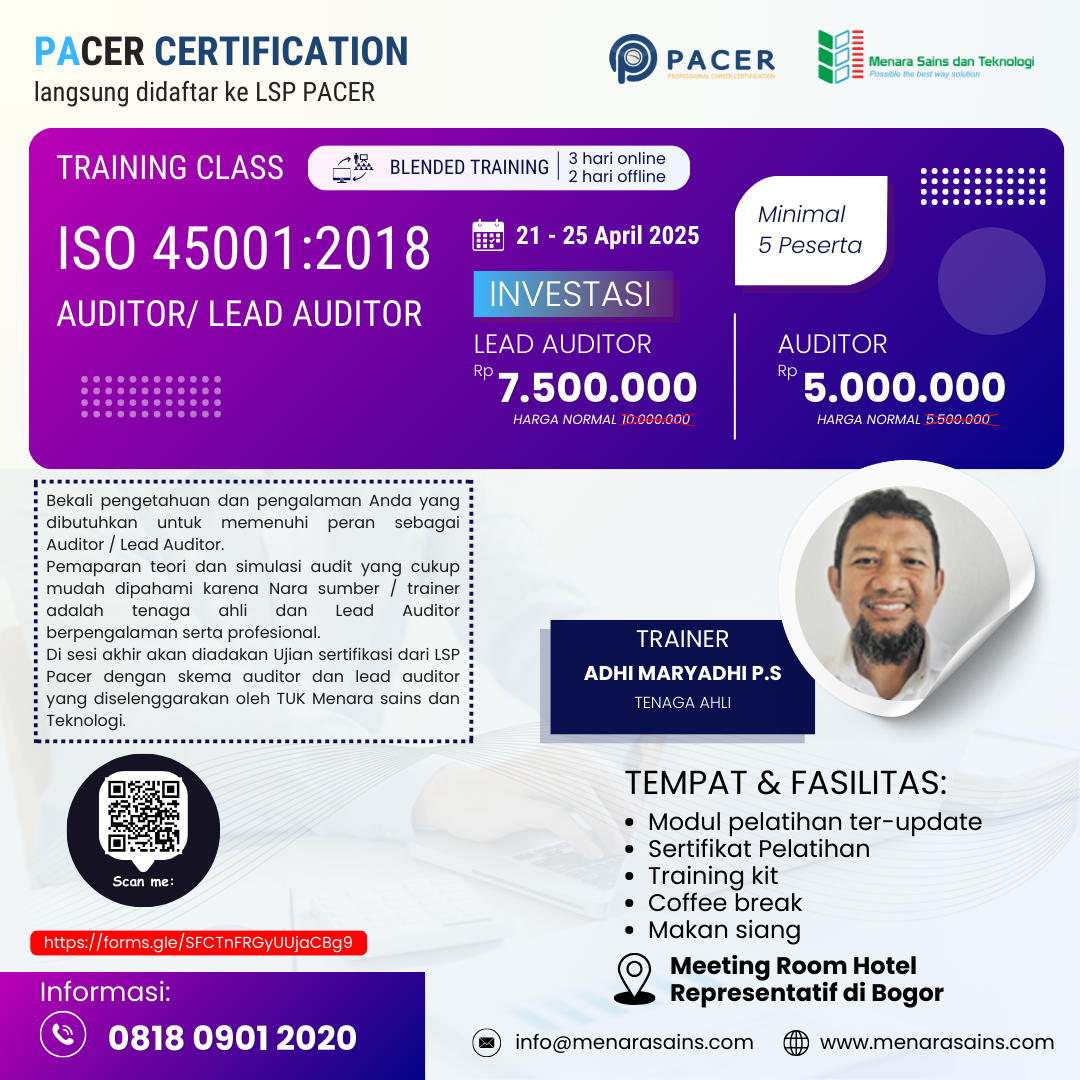 Pelatihan Auditor/ Lead Auditor ISO 45001: 2018 - Menara Sains dan Teknologi
